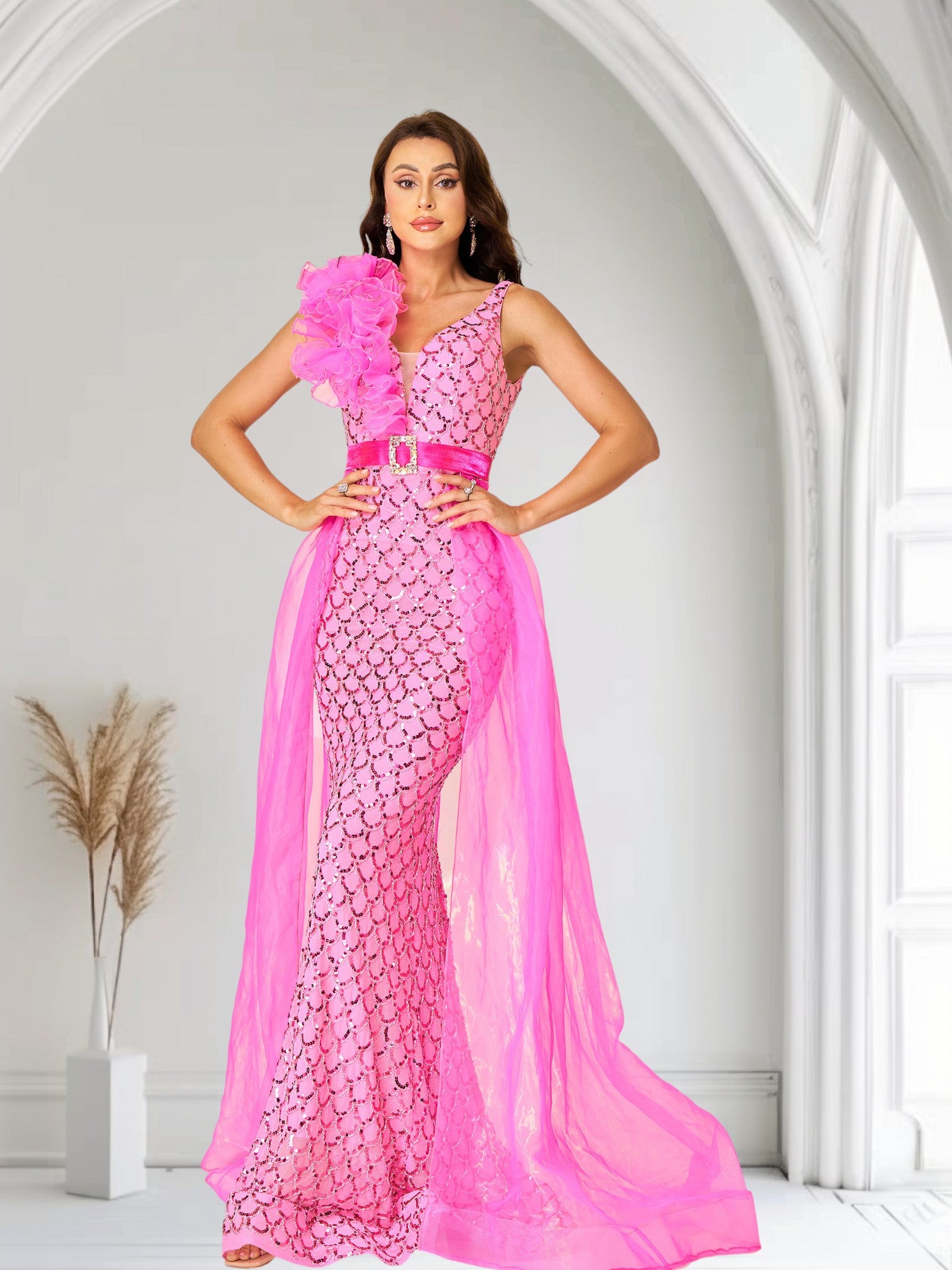 Appliqué Mermaid Sequin Evening Gown With Train – Fiona Secret Closet