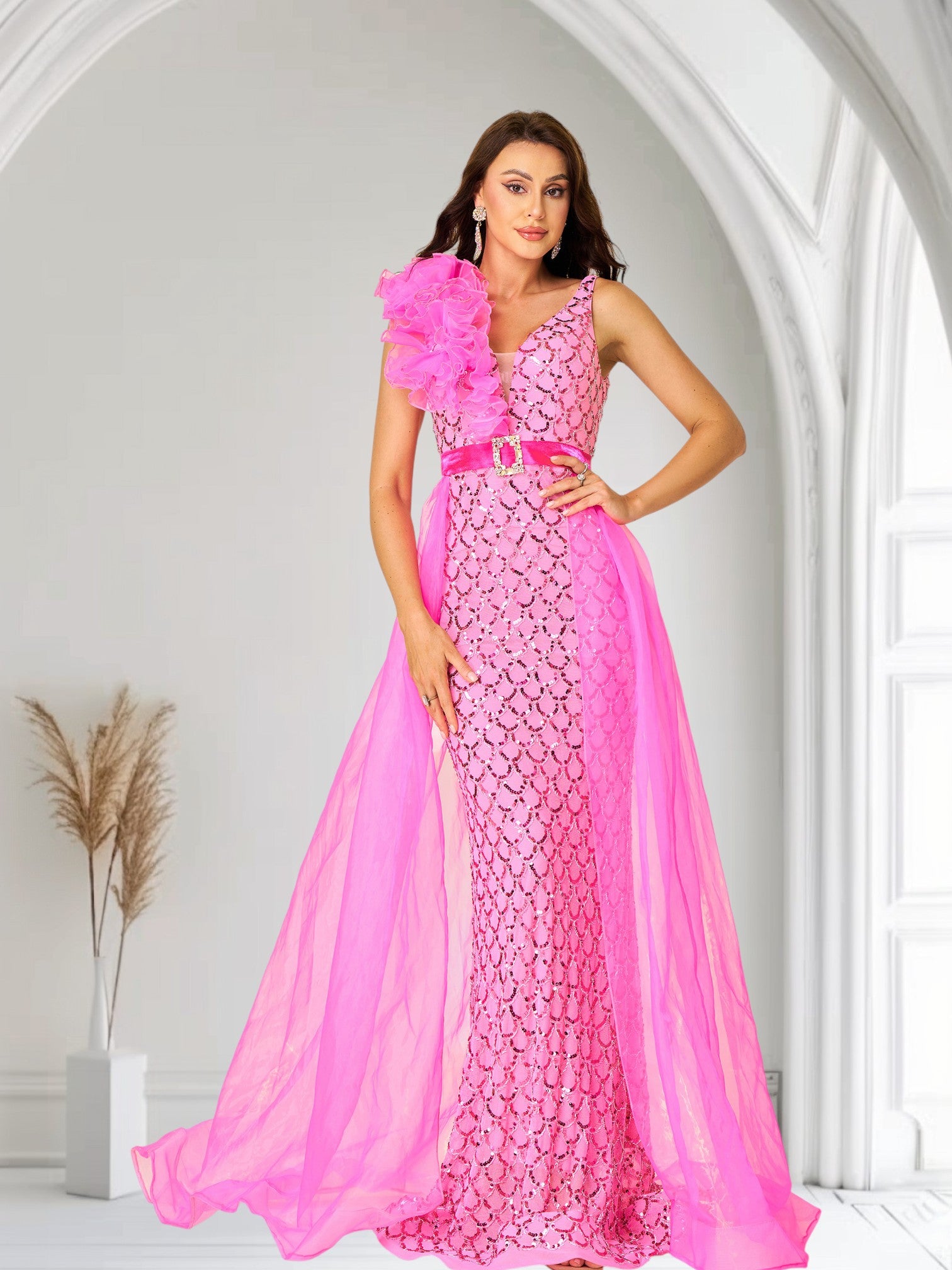 Appliqué Mermaid Sequin Evening Gown With Train – Fiona Secret Closet