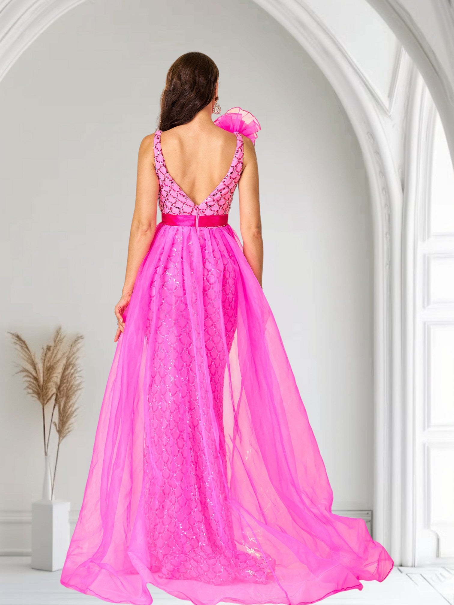 Appliqué Mermaid Sequin Evening Gown With Train – Fiona Secret Closet